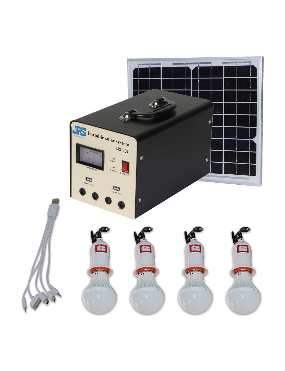 SOLAR SYSTEM 30W WITH 15W SOLAR PANEL & 4 LED BULBS